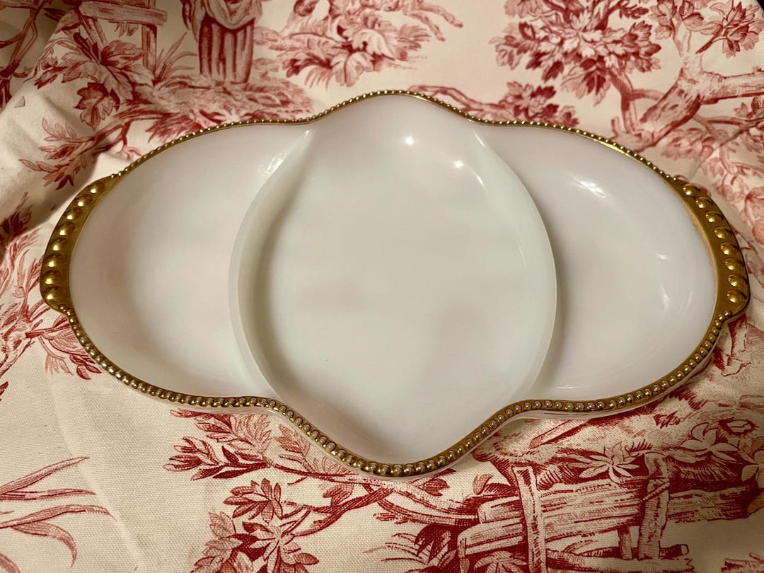 Vintage Fire King Gold-trimmed Milk Glass 3 Sectioned Divided Serving ...