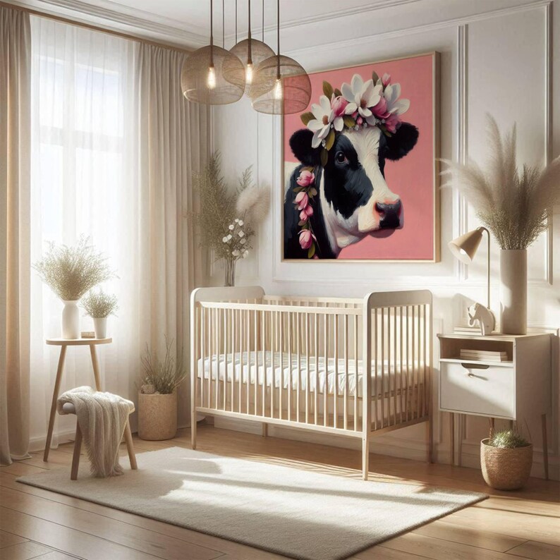 Cow With Flower Crown Print: Eclectic Farm Animal Wall Art (digital ...