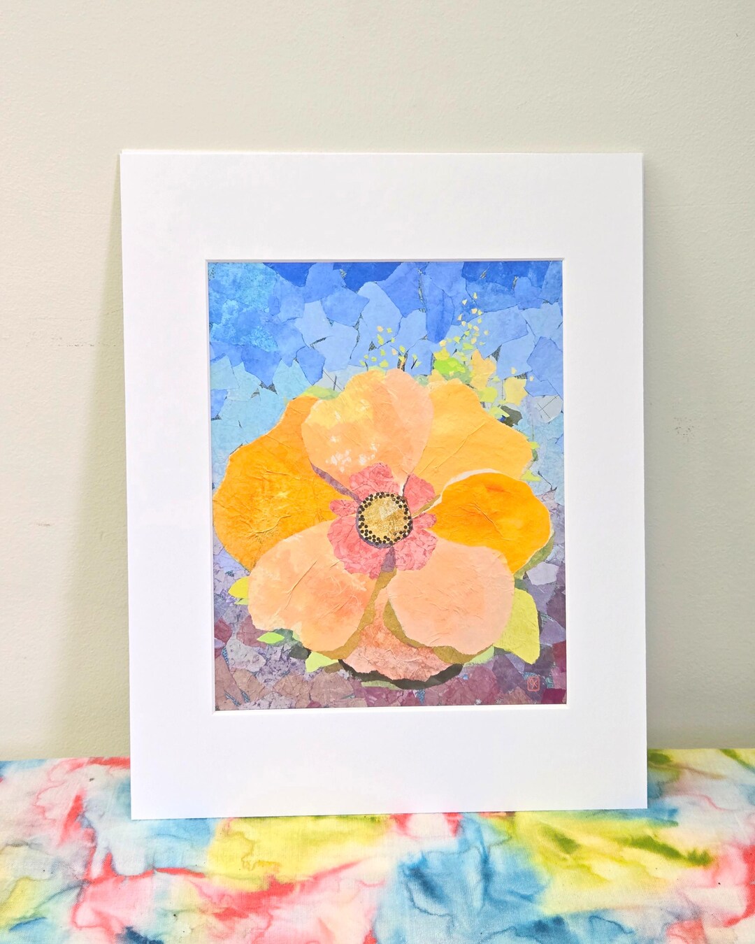Single Flower Print, Large Summer Bloom in Peach and Sky Blue, Mixed ...
