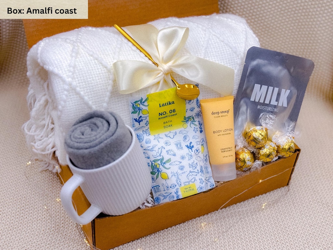 Amalfi Coast Relaxation Gift Box, Cozy Throw Blanket, Bath Soak, Lotion ...