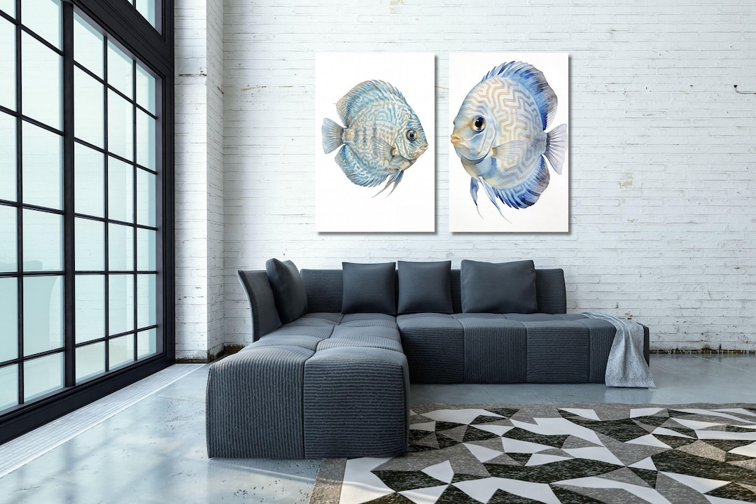 Blue Discus Fish Print Set, Coastal Watercolor Wall Art - Etsy