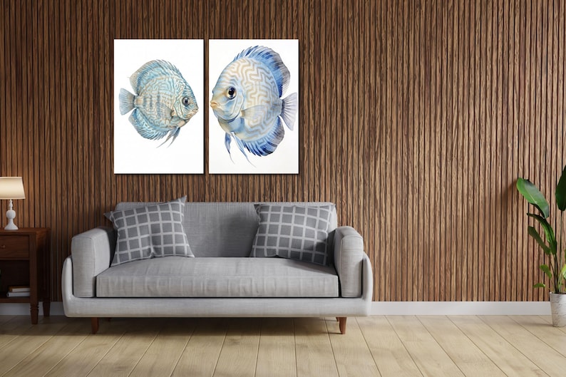 Blue Discus Fish Print Set, Coastal Watercolor Wall Art - Etsy