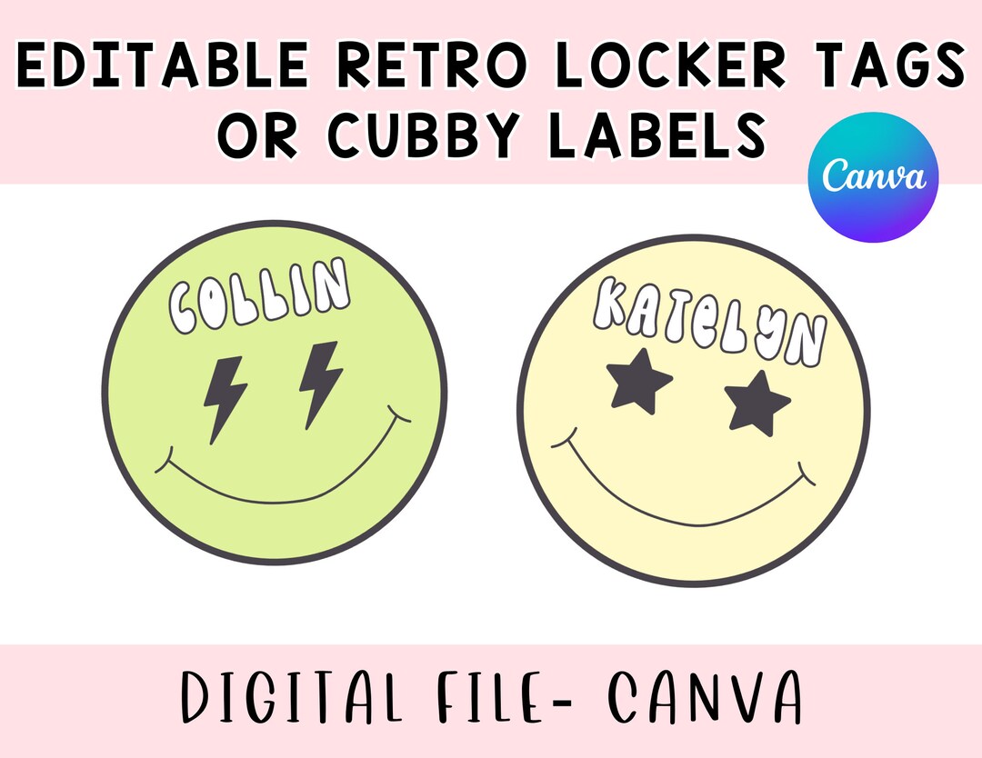 Retro Smiley Face Locker or Cubby Tags Editable Classroom Student Name ...