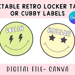 Retro Smiley Face Locker or Cubby Tags Editable Classroom Student Name ...