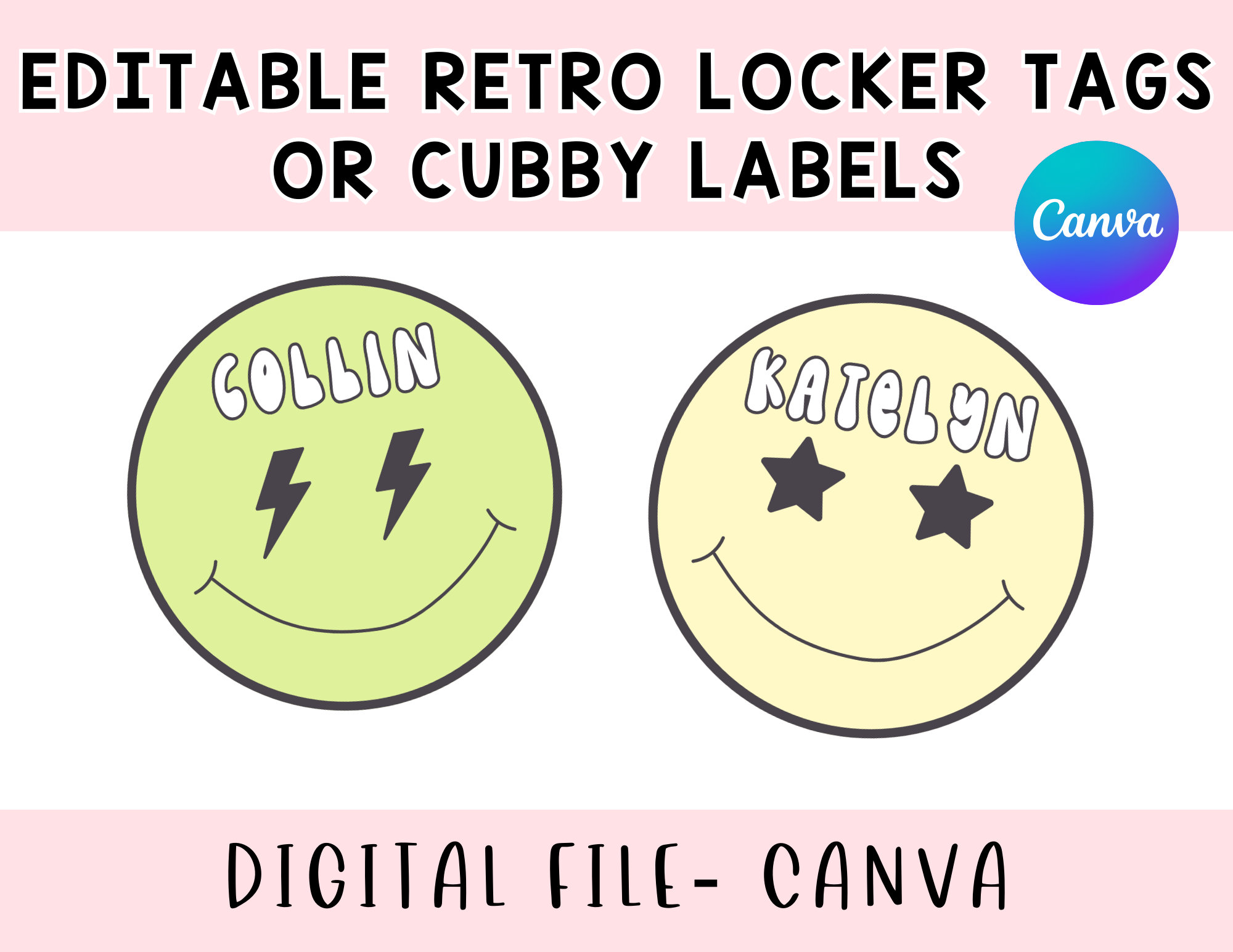 Retro Smiley Face Locker or Cubby Tags Editable Classroom Student Name ...
