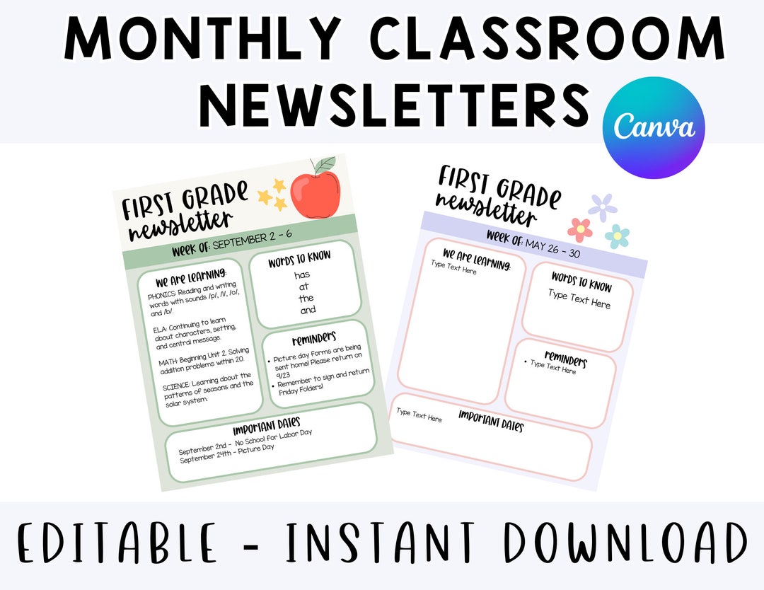 Monthly Classroom Newsletter Template Editable Bundle School Newsletter ...