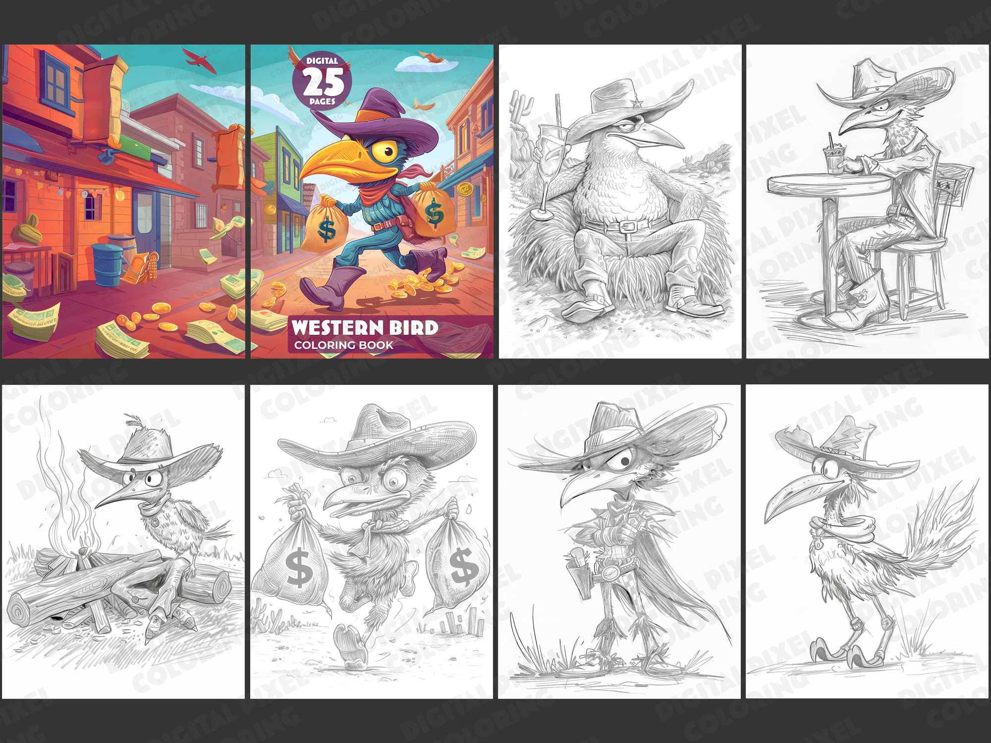 Wild West Bird Coloring Book, Comic Cowboy Bird Characters, PDF With 25 ...