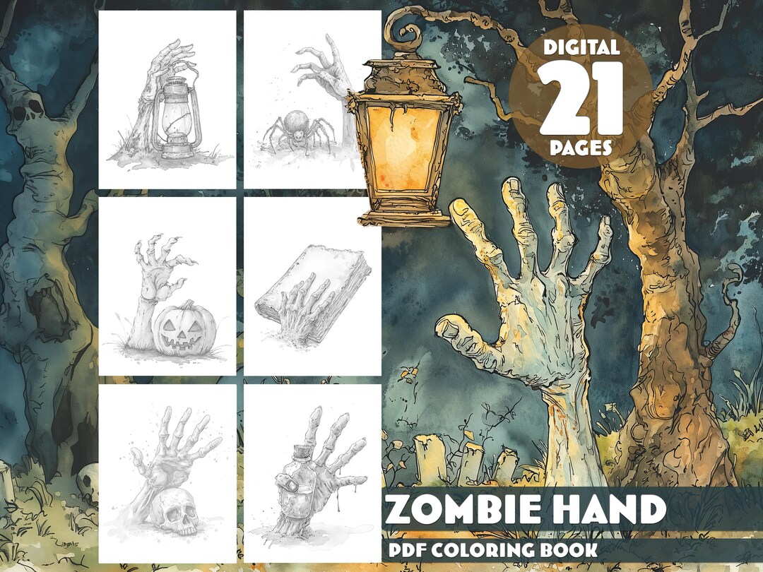 Zombie Hand Coloring Book for Printing, 21 Pages PDF, Digital Coloring ...