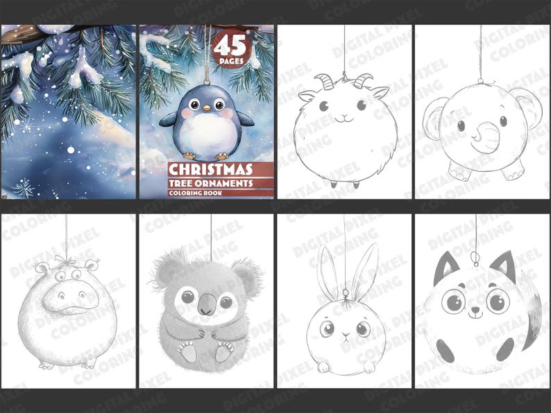 Christmas PDF Coloring Book of 45 Pages, Christmas Tree Ornaments With ...
