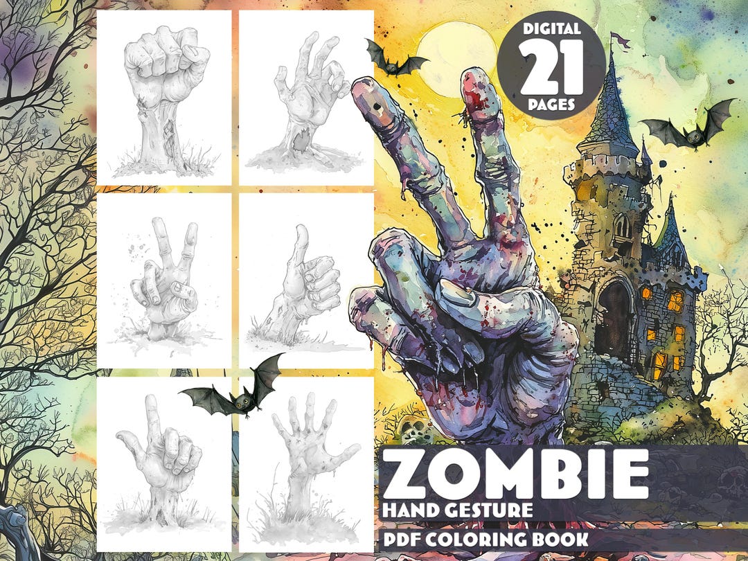 Zombie Hand Coloring Book for Printing, 21 Pages Pdf,digital Coloring ...