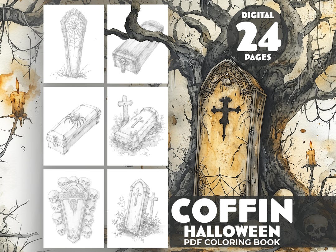 Halloween PDF Coloring Book of 24 Pages – Coffins – Creepy ...