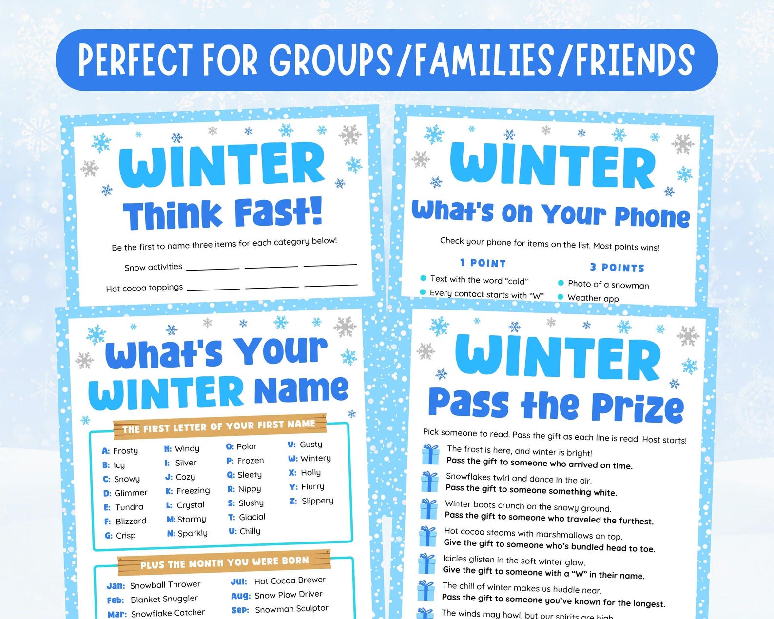 Winter Games Bundle Winter Party Games for Kids Winter Family Games ...