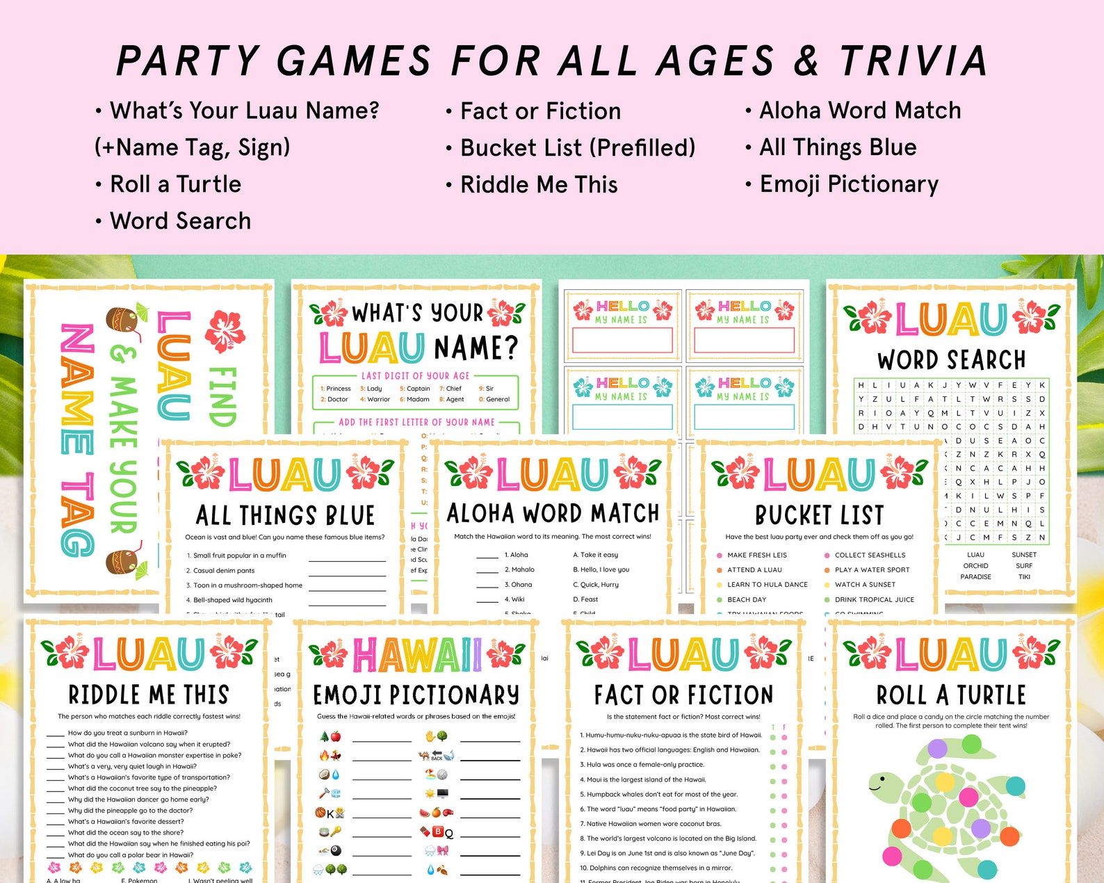 Luau Games Bundle Aloha Party Games Luau Party Games Hawaiian Party ...