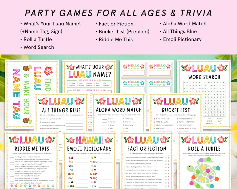 Luau Games Bundle Aloha Party Games Luau Party Games Hawaiian Party ...