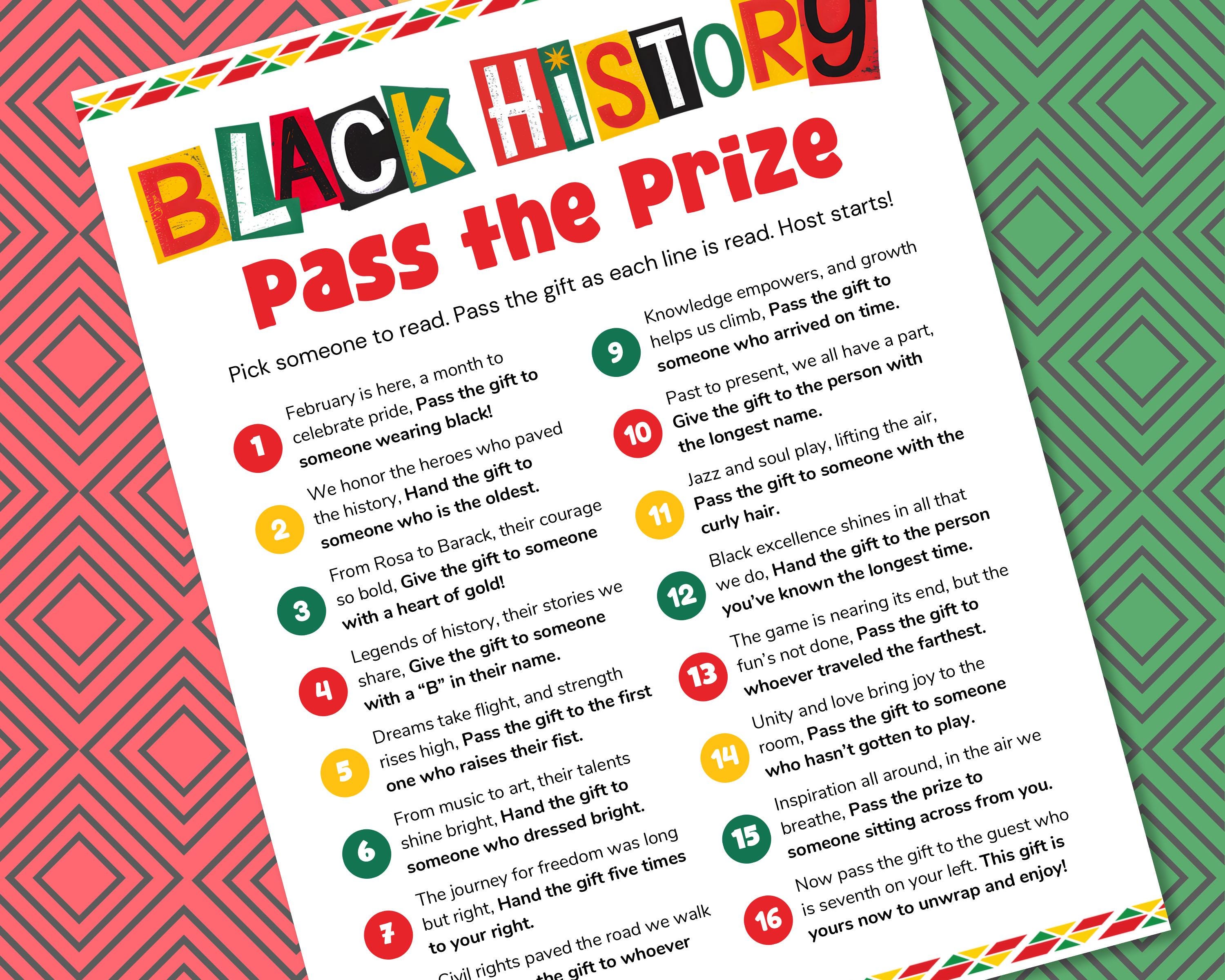 Black History Pass the Prize History Month Games for Kids Group Games ...