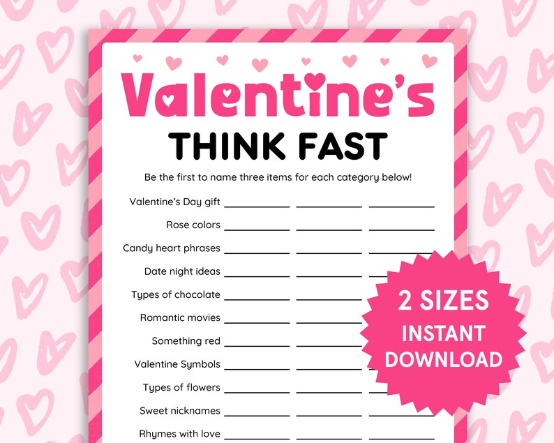 Valentines Think Fast Valentines Games for Kids Adults Valentine's ...