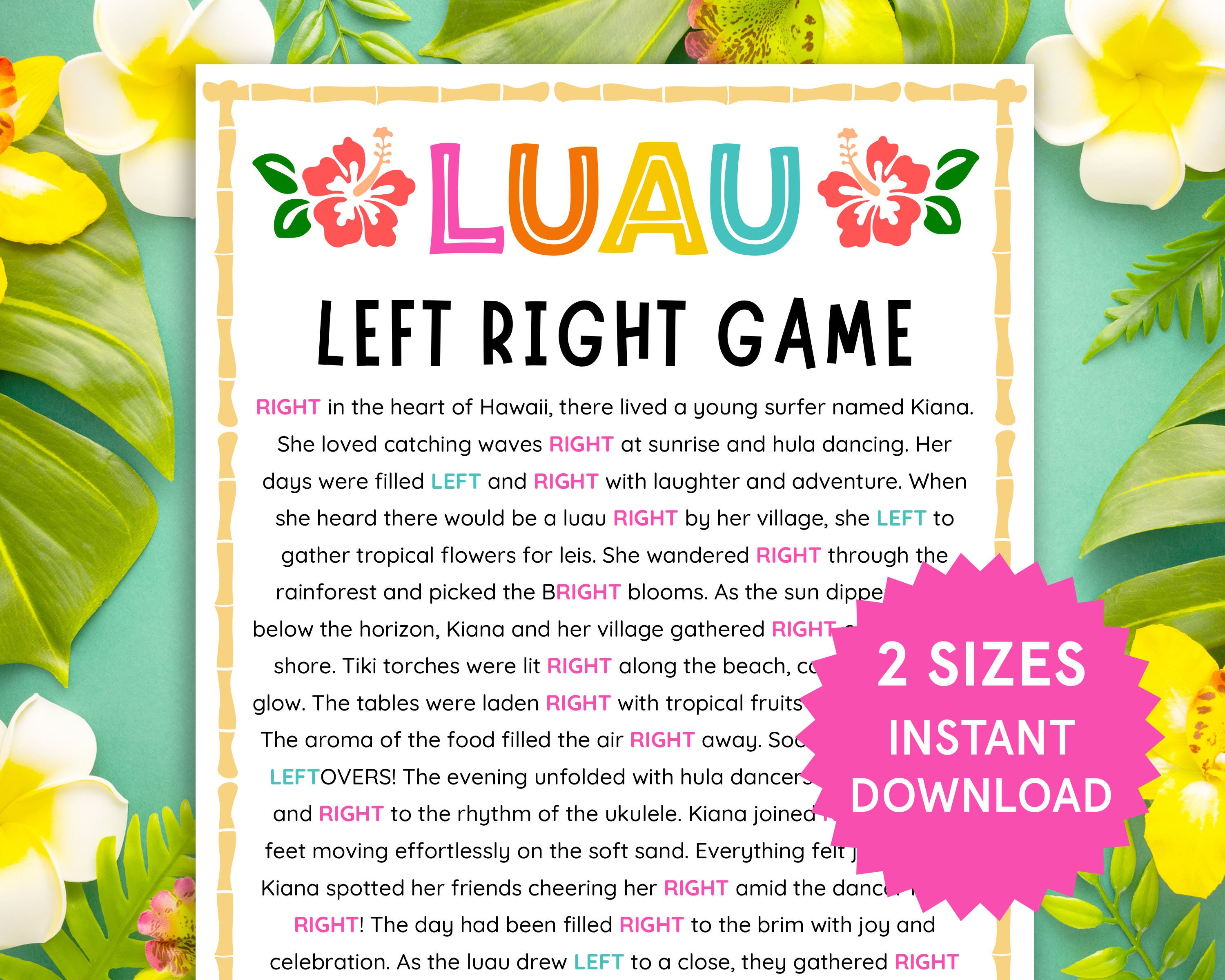 Luau Left Right Game Luau Party Games Luau Games for Kids Hawaiian ...