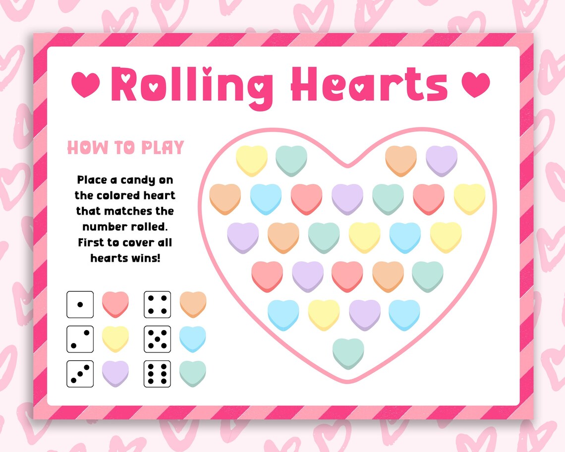 Valentines Roll a Heart Valentines Candy Game Kids Valentine's Day ...