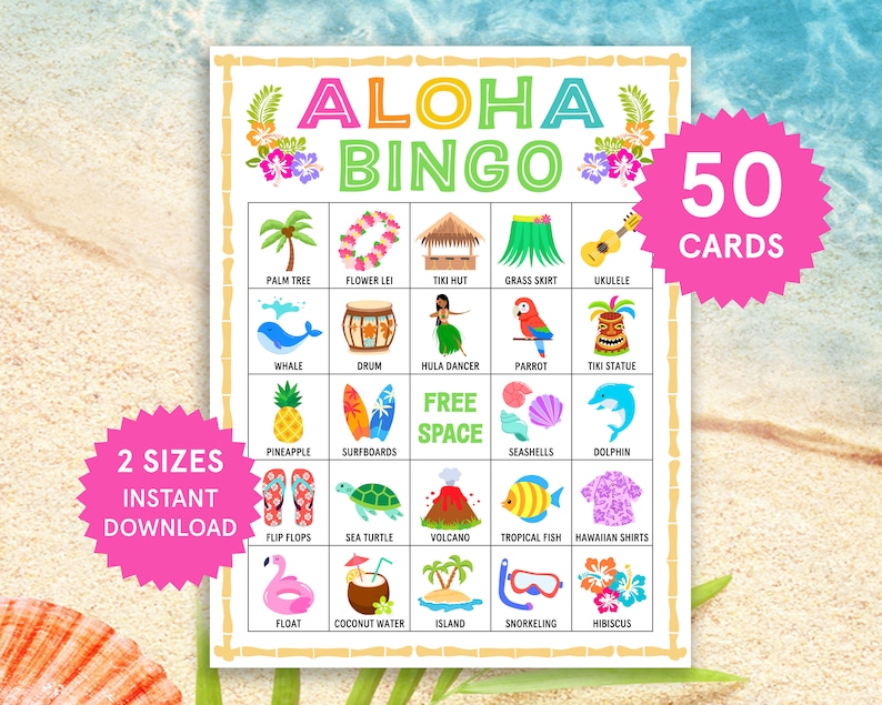 Aloha Bingo Luau Bingo Hawaii Bingo Summer Bingo Cards Printable Luau ...