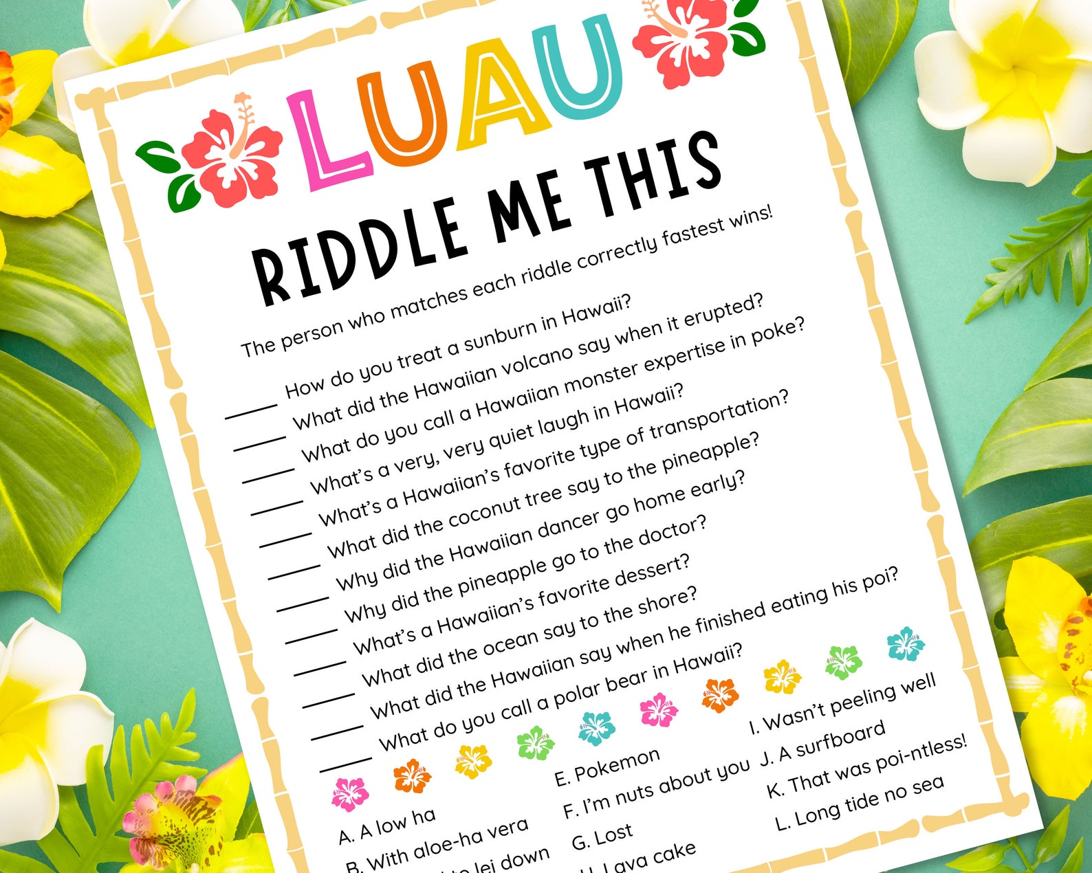 Luau Riddle Me This Luau Party Games Luau Games for Kids Luau Birthday ...