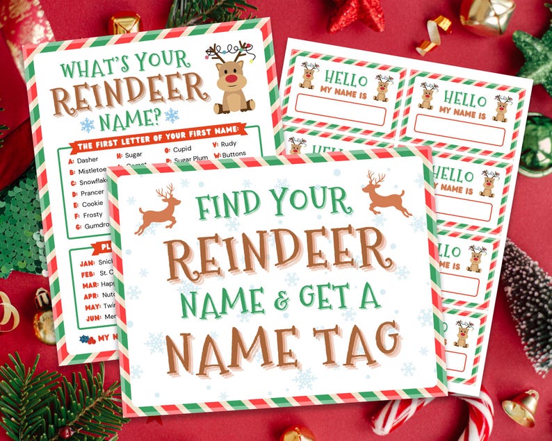 What's Your Reindeer Name Game, Name Tags, Sign Christmas Games Family ...