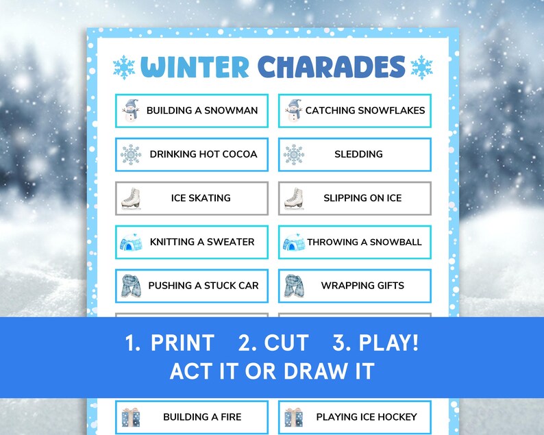 Winter Charades Winter Games for Kids, Adults Winter Pictionary Winter ...
