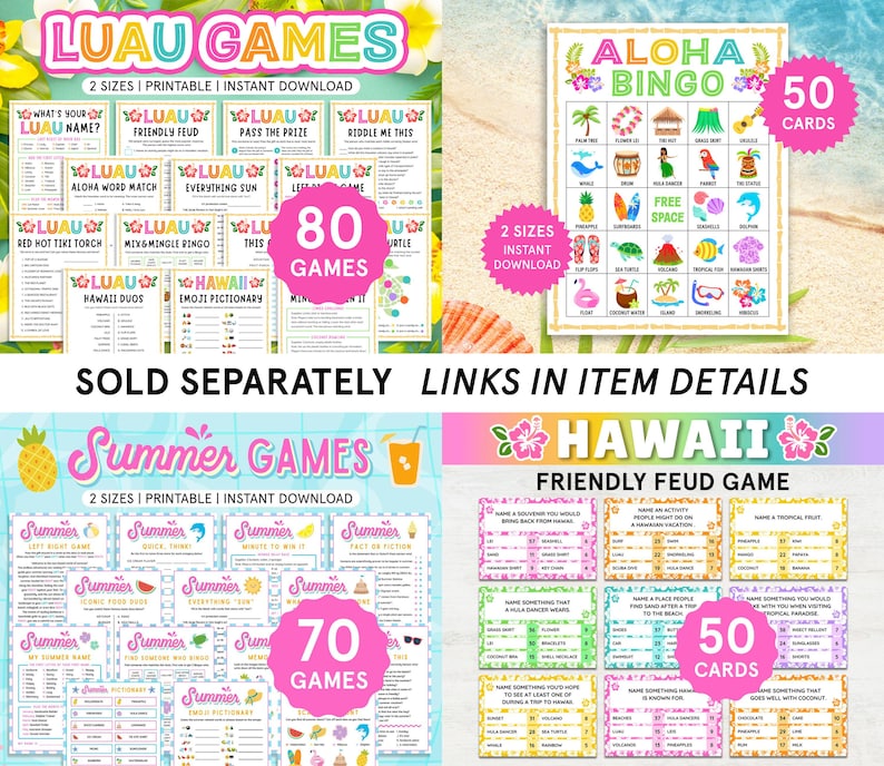 Aloha Bingo Luau Bingo Hawaii Bingo Summer Bingo Cards Printable Luau ...