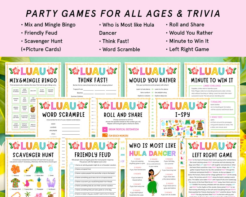 Luau Games Bundle Aloha Party Games Luau Party Games Hawaiian Party ...