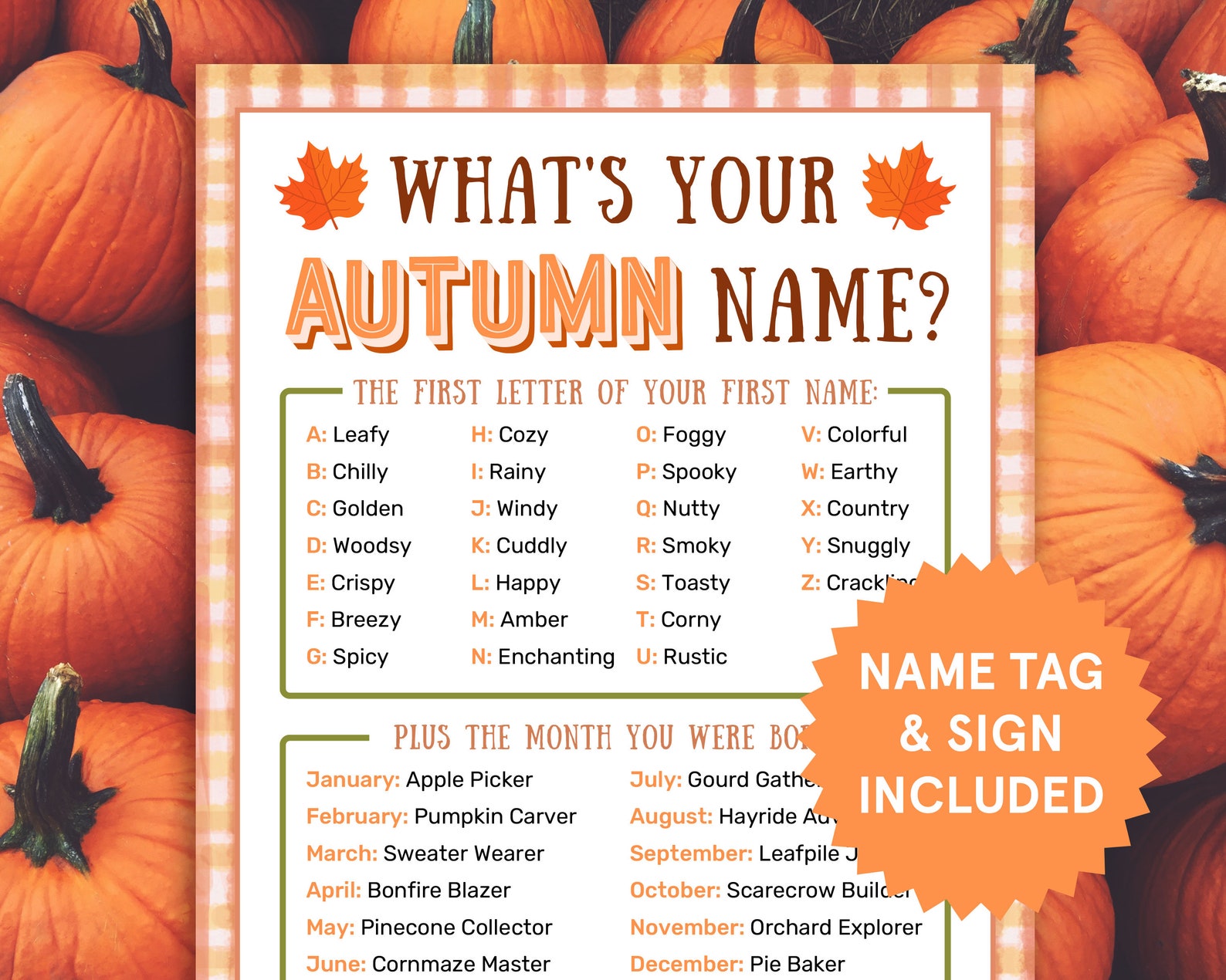 Whats Your Fall Name, Name Tags, Sign Fall Games for Kids Fall Party ...