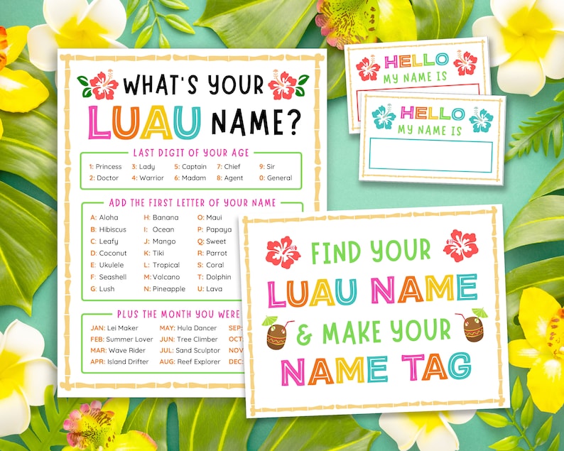 Whats Your Luau Name, Name Tags, Sign Luau Name Game Luau Games for Kids Hawaii Birthday Games ...