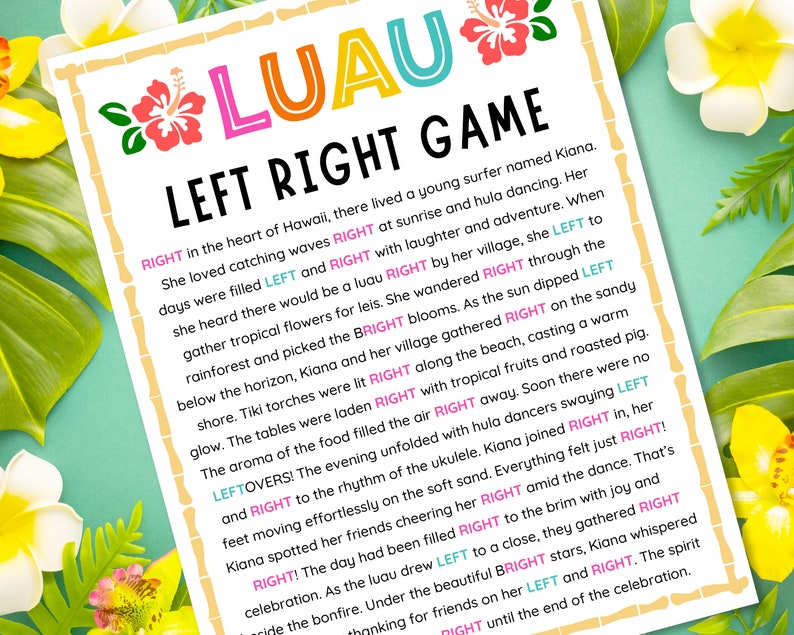 Luau Left Right Game Luau Party Games Luau Games for Kids Hawaiian ...