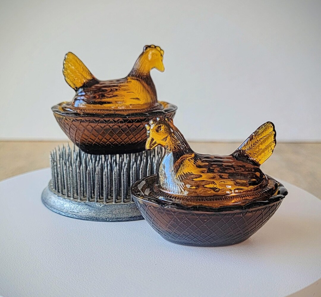 Vintage Amber Glass Mini Hen on a Nest Saltlocker Set - Etsy