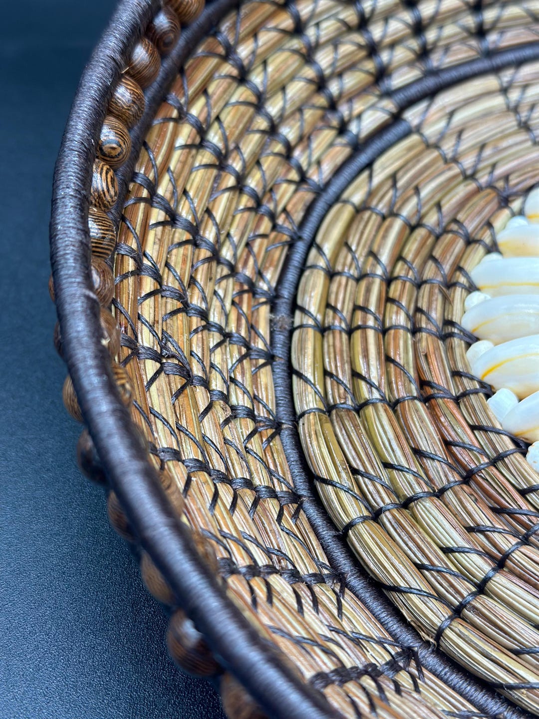 Rich Wooden Bead Pine Needle Basket, Handmade, Natural, Heirloom, Shell ...