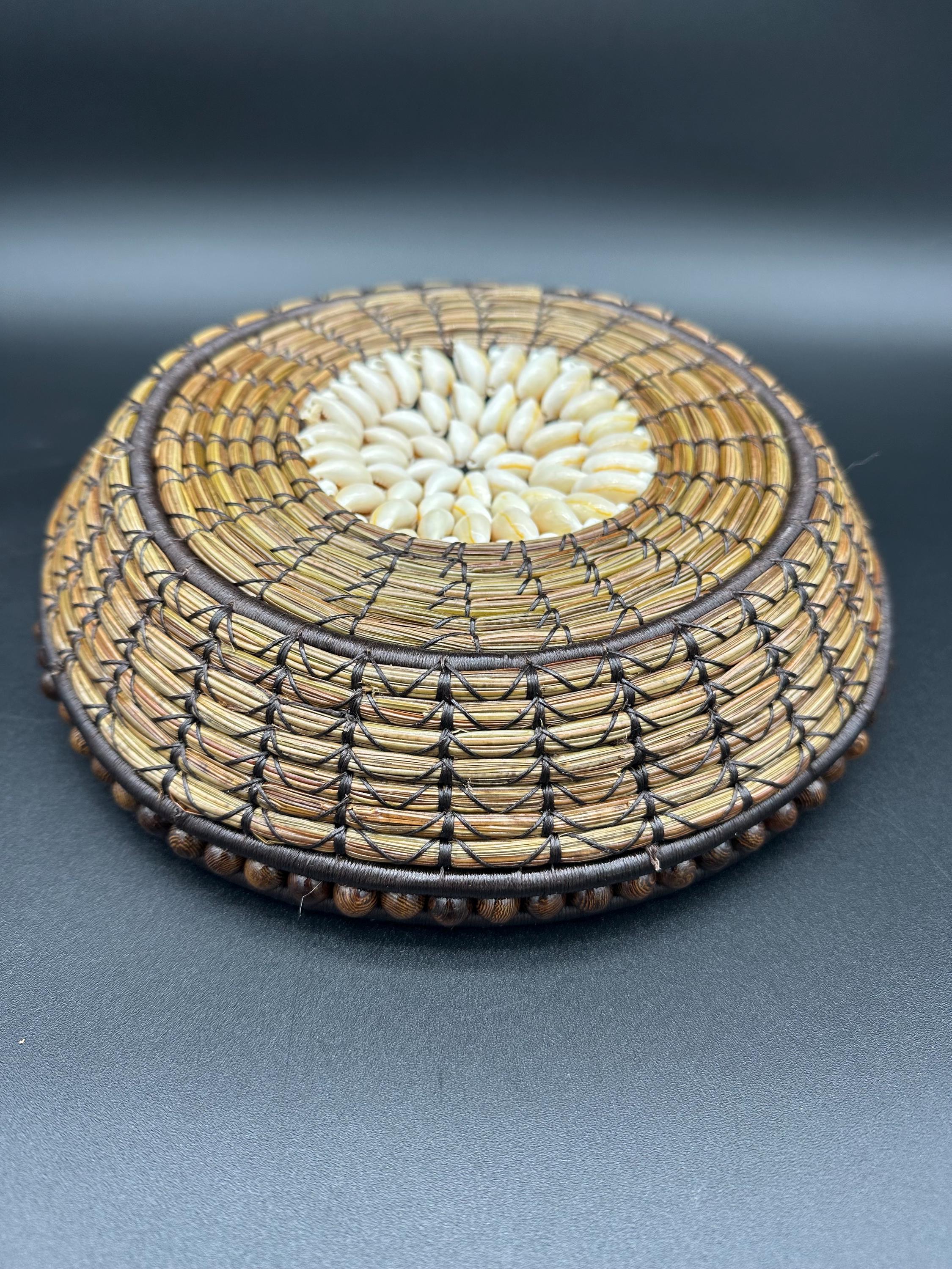 Rich Wooden Bead Pine Needle Basket, Handmade, Natural, Heirloom, Shell ...