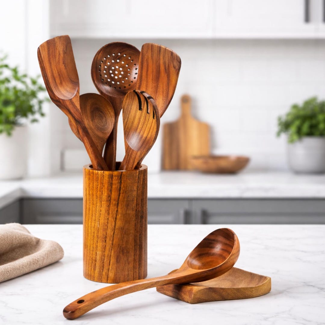 Acacia Wood Utensil Set With Holder – Natural Kitchen Cooking Tools - Etsy