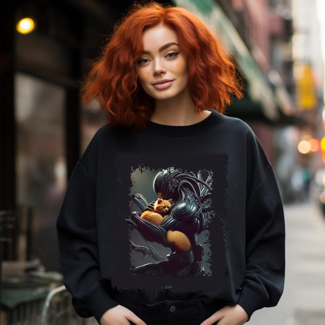 Xenomorph Alien and Cat Sweatshirt - Sci-fi Art Crewneck for Cozy ...