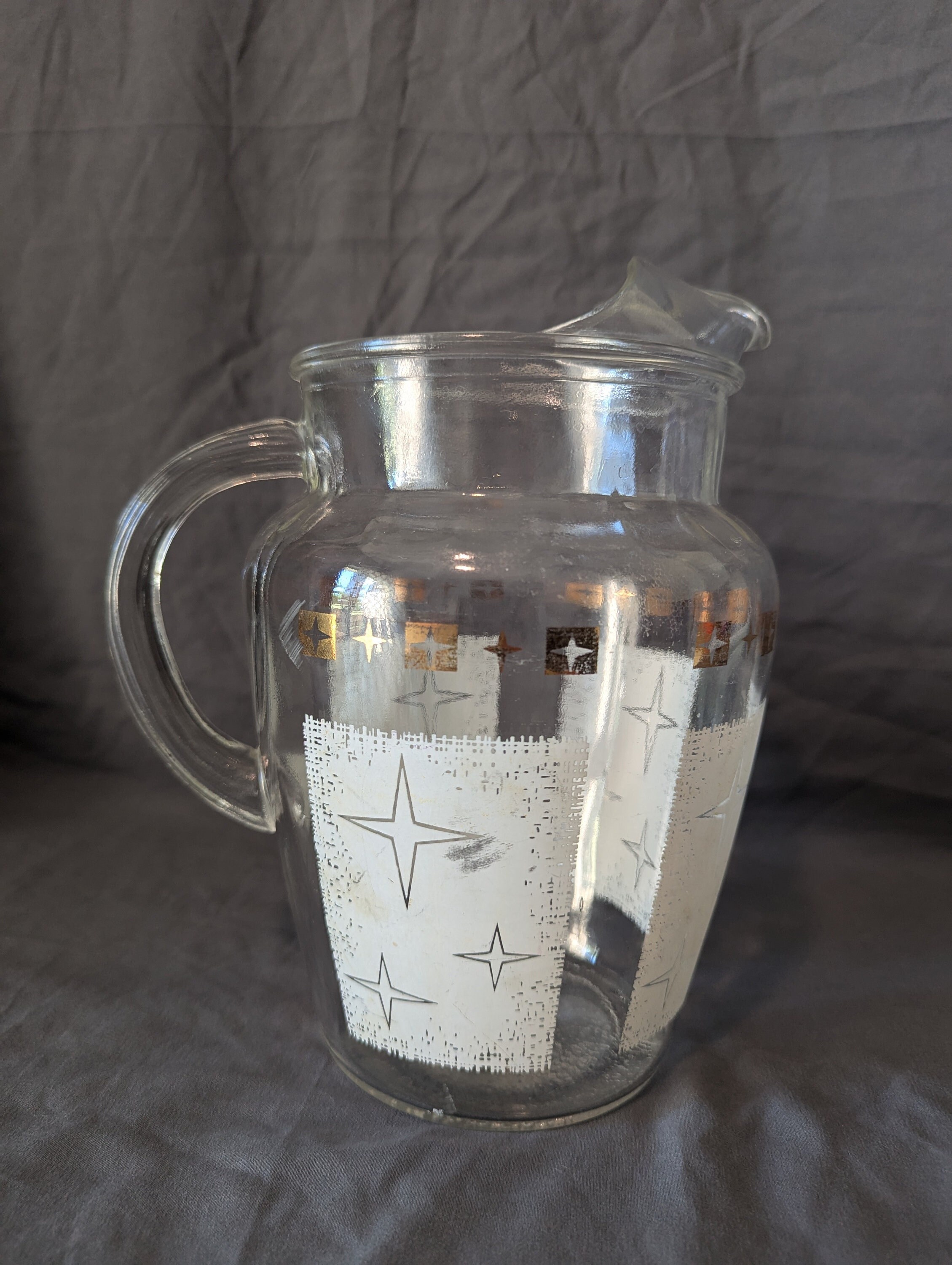 Vintage Glass Pitcher Atomic Starburst White and Gold Retro Glass ...