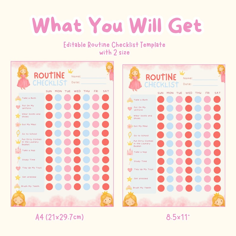 Princess Routine Chart for Kids – Watercolor Daily Routine Checklist ...