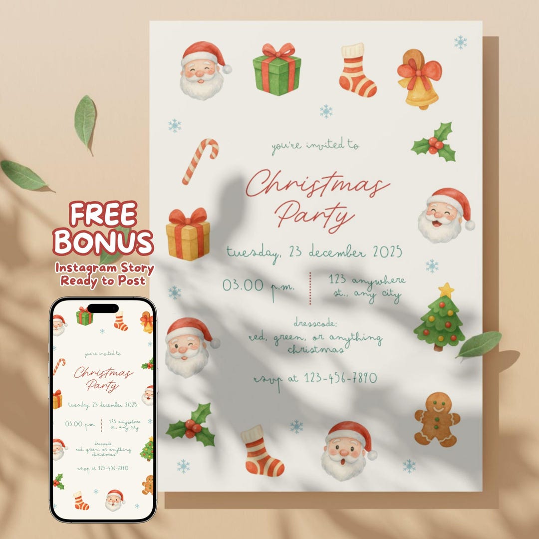 Festive Santa Claus Watercolor Invite - Customizable Digital Download ...