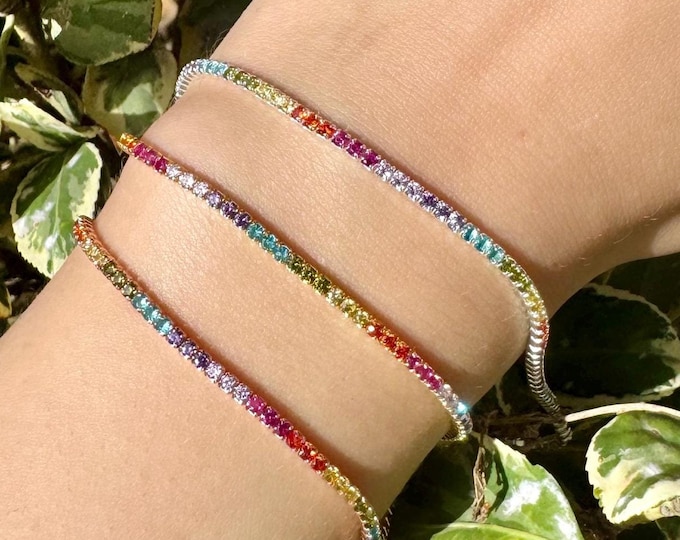 Rainbow Sapphire Gold Tennis Bracelet - Round Natural Sapphires, Solid ...