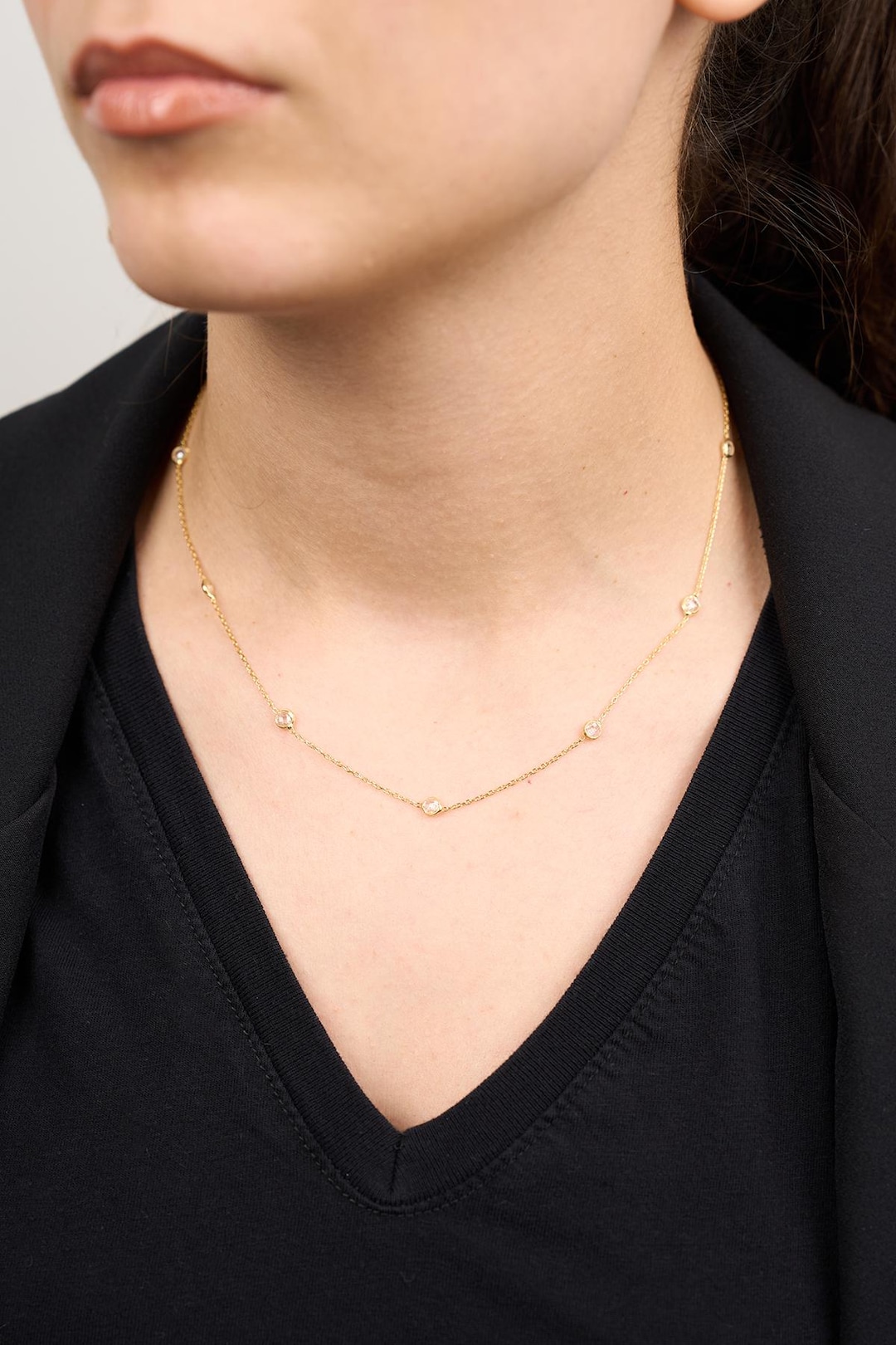 14K Solid Gold Diamond Chain Necklace, Gold Diamond Station Necklace ...