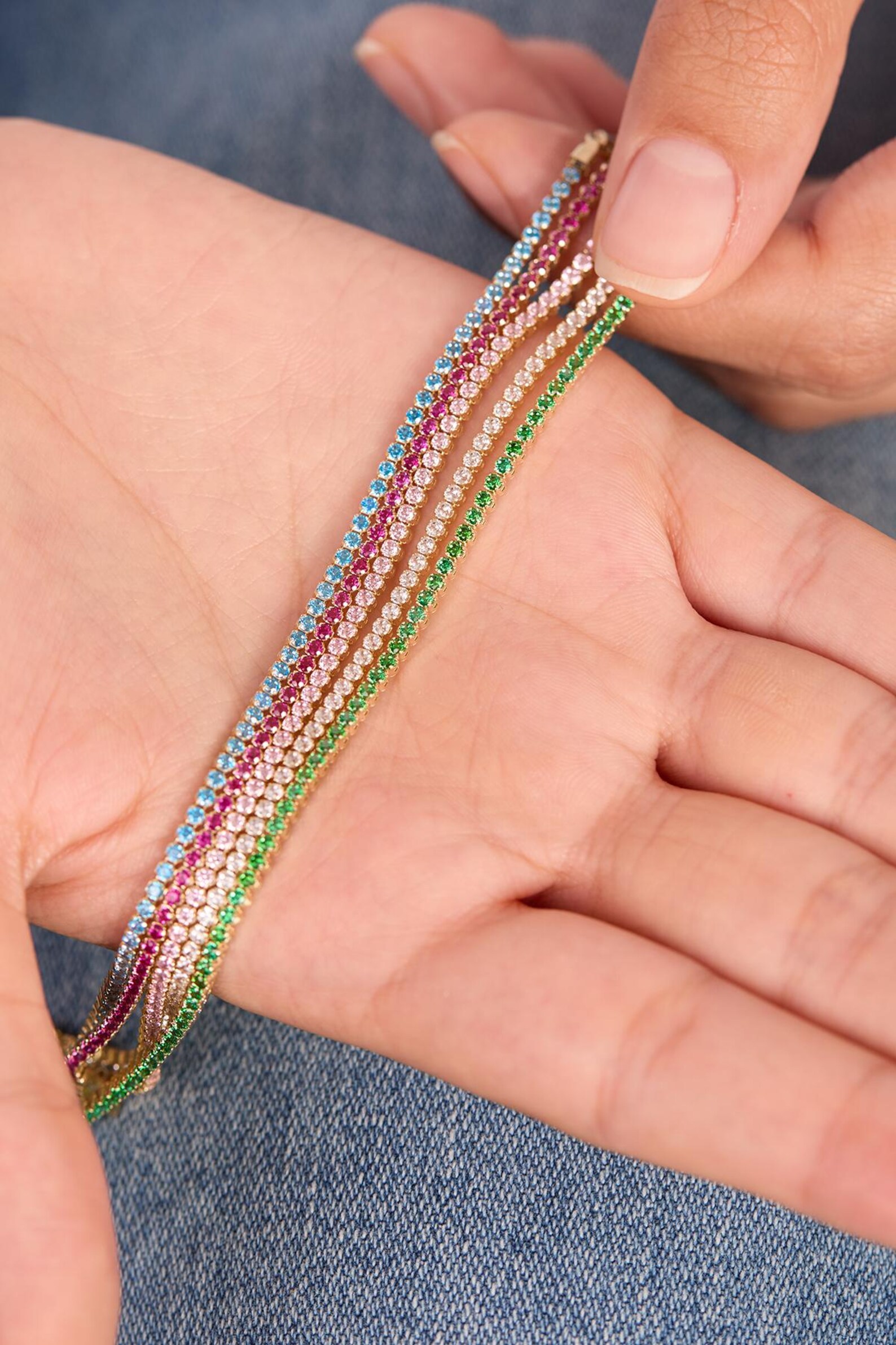 14K Solid Gold Tennis Bracelet Set, Dainty Double Strand Tennis ...