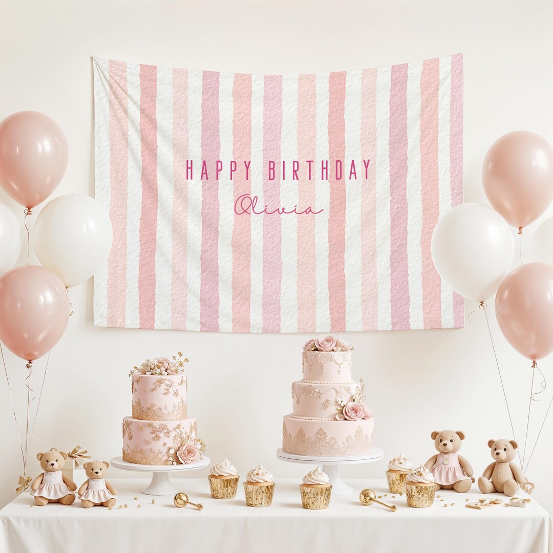 Personalized Girl Birthday Banner | Pink Stripes Birthday Backdrop ...