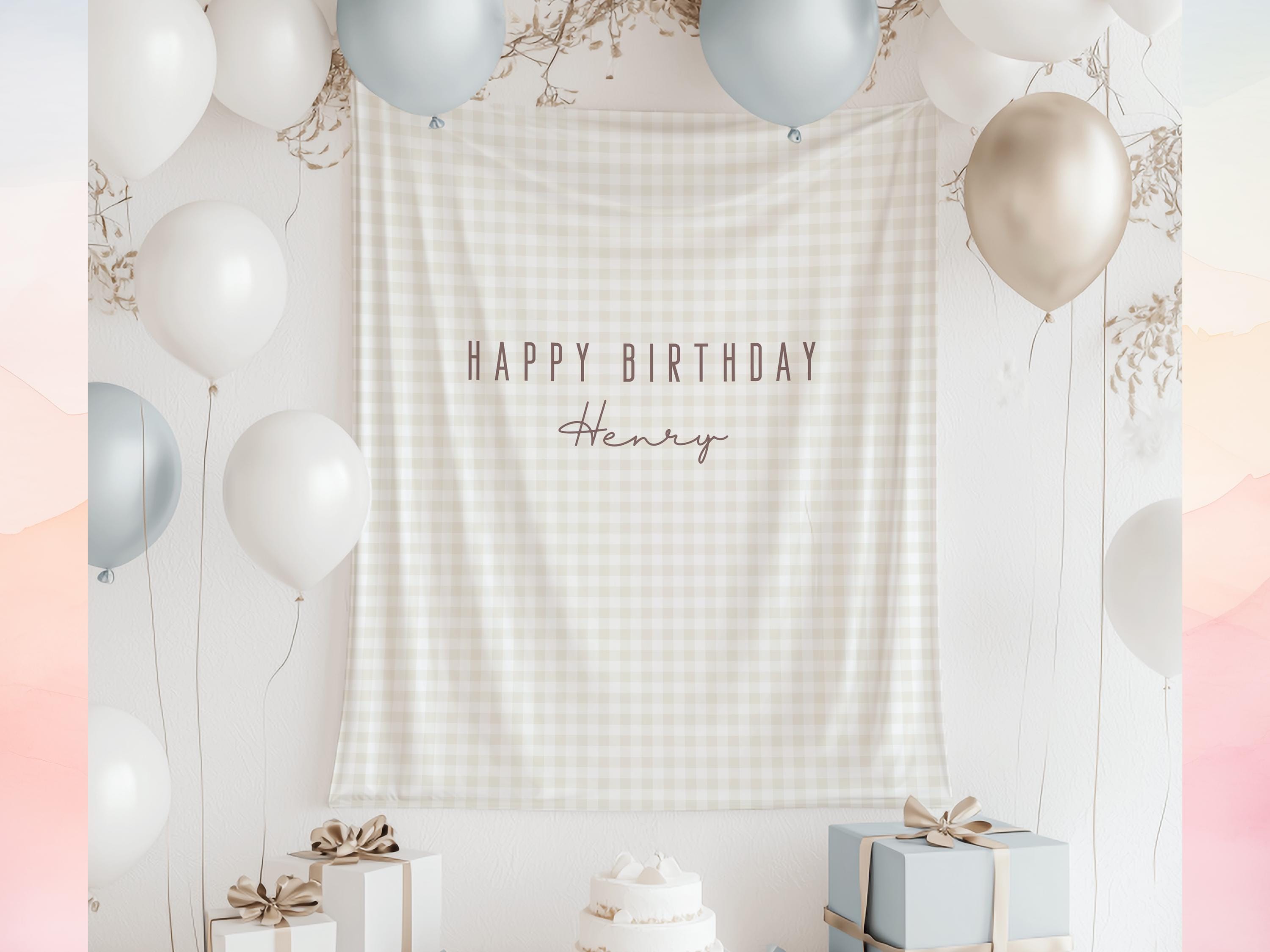 Personalized Neutral Gingham Birthday Banner | Custom Name Backdrop ...