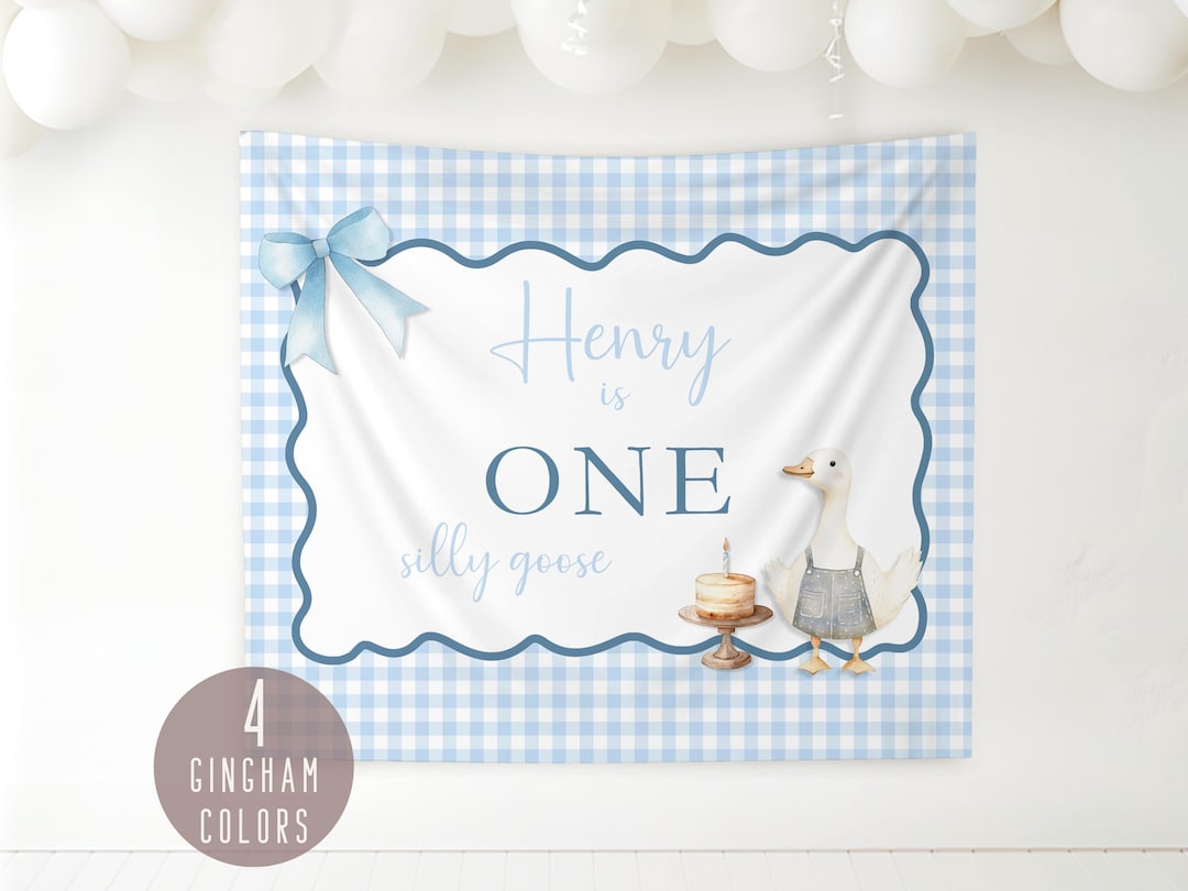 One Silly Goose First Birthday Banner, Personalized Blue Gingham ...