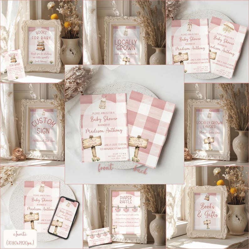 Locally Grown Pink Gingham Baby Shower Bundle – Digital Download ...