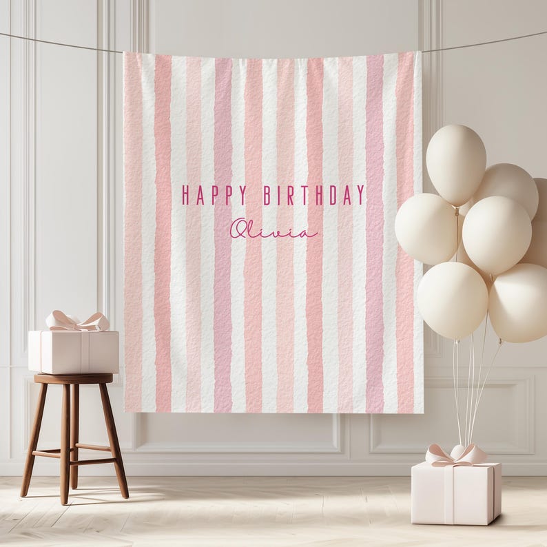 Personalized Pink Striped Birthday Banner, Girl Cake Smash Backdrop - Etsy