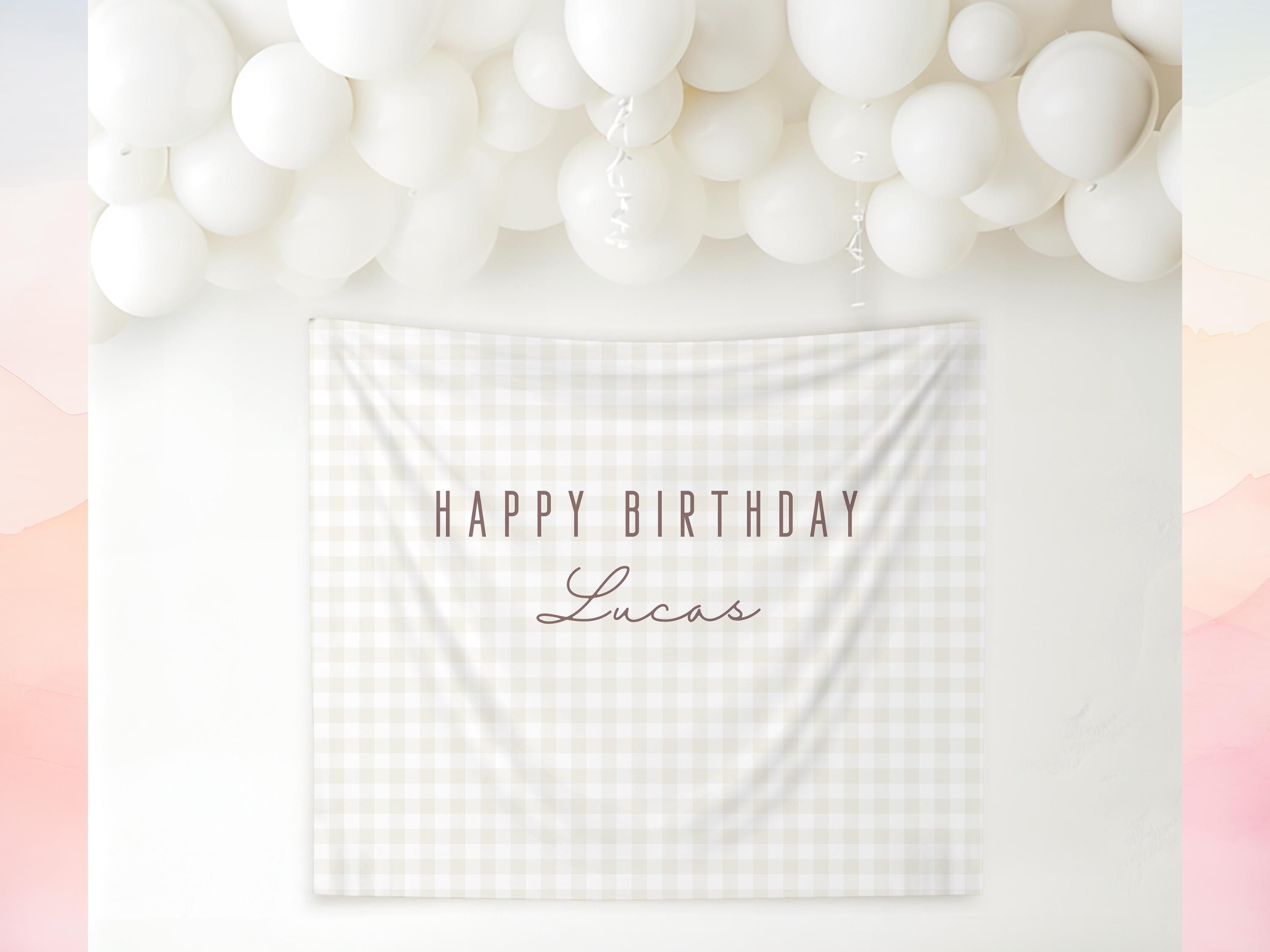 Personalized Neutral Gingham Birthday Banner | Custom Name Backdrop ...