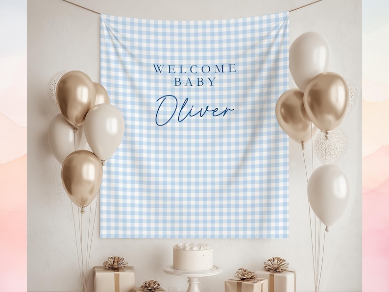 Personalized Blue Gingham Baby Shower Banner, Welcome Baby Boy Backdrop ...