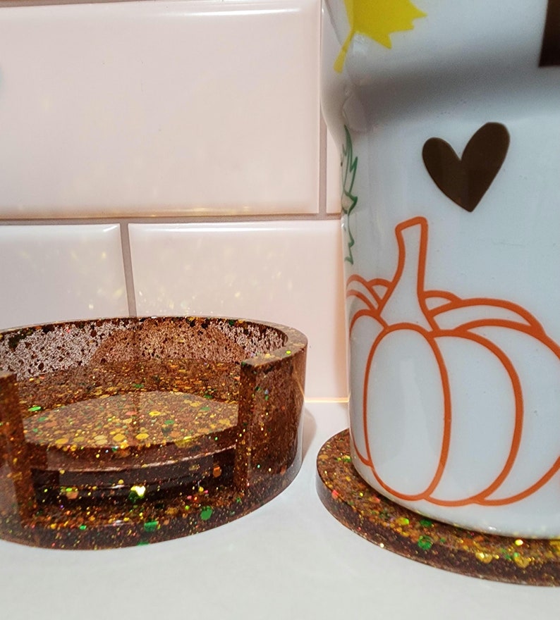 Fall Coaster Set 4 Coasters and Holder Orange Gold Green Red Glitters ...